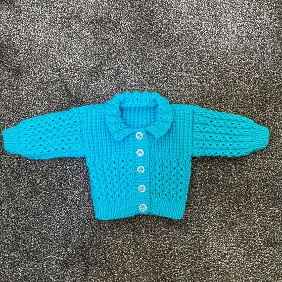 Hand Knitted Unisex Baby Cardigan in Aqua To fit 0-3 months | Etsy