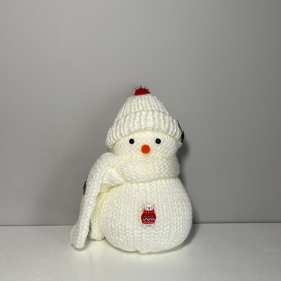 Handmade Knitted Novelty All White Stuffed Snowman - Hat and Scarf ...