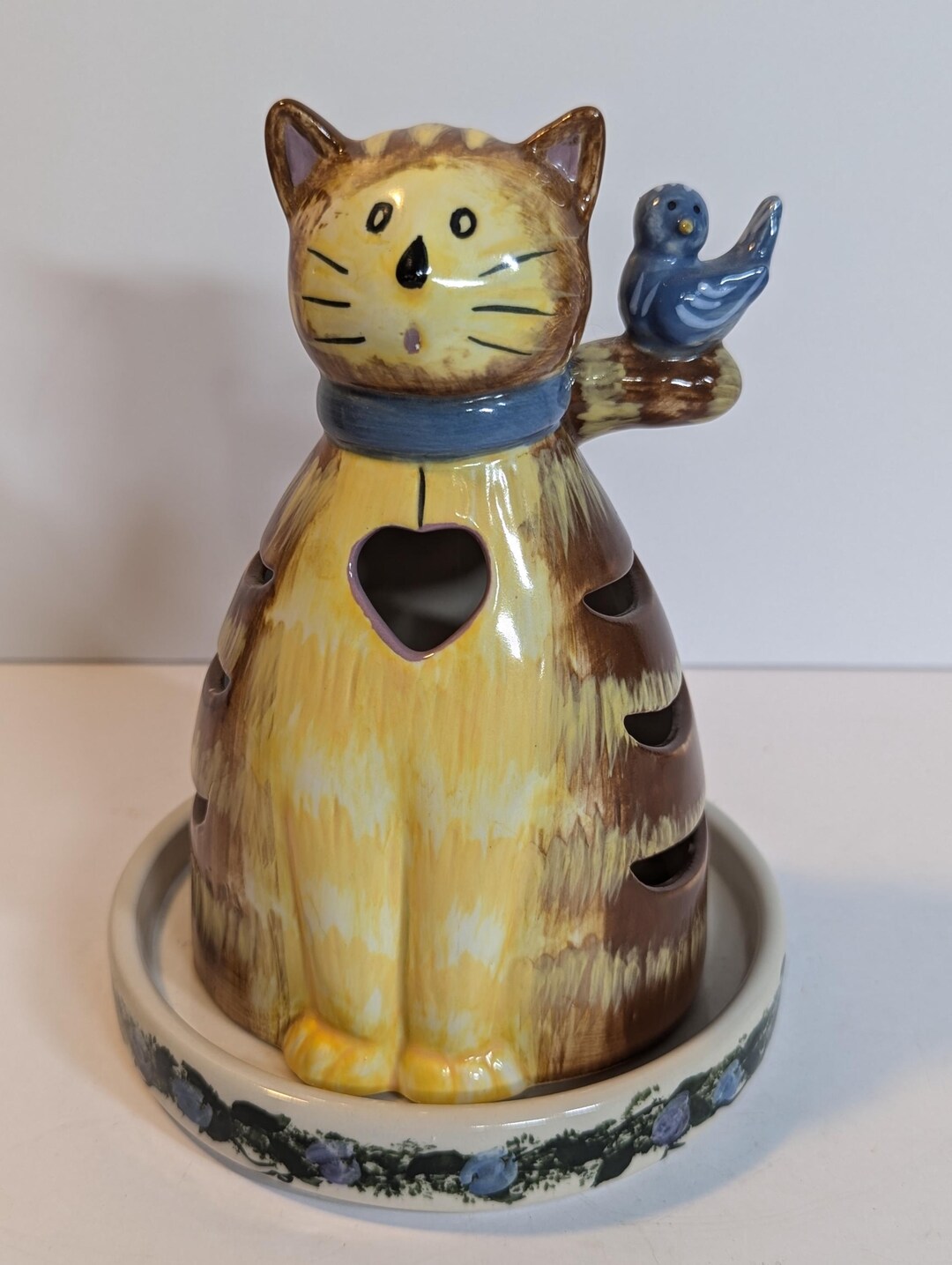 Kathy Hatch Ceramic Tabby Kitty Cat Bird Votive Tea-light Candle Holder ...