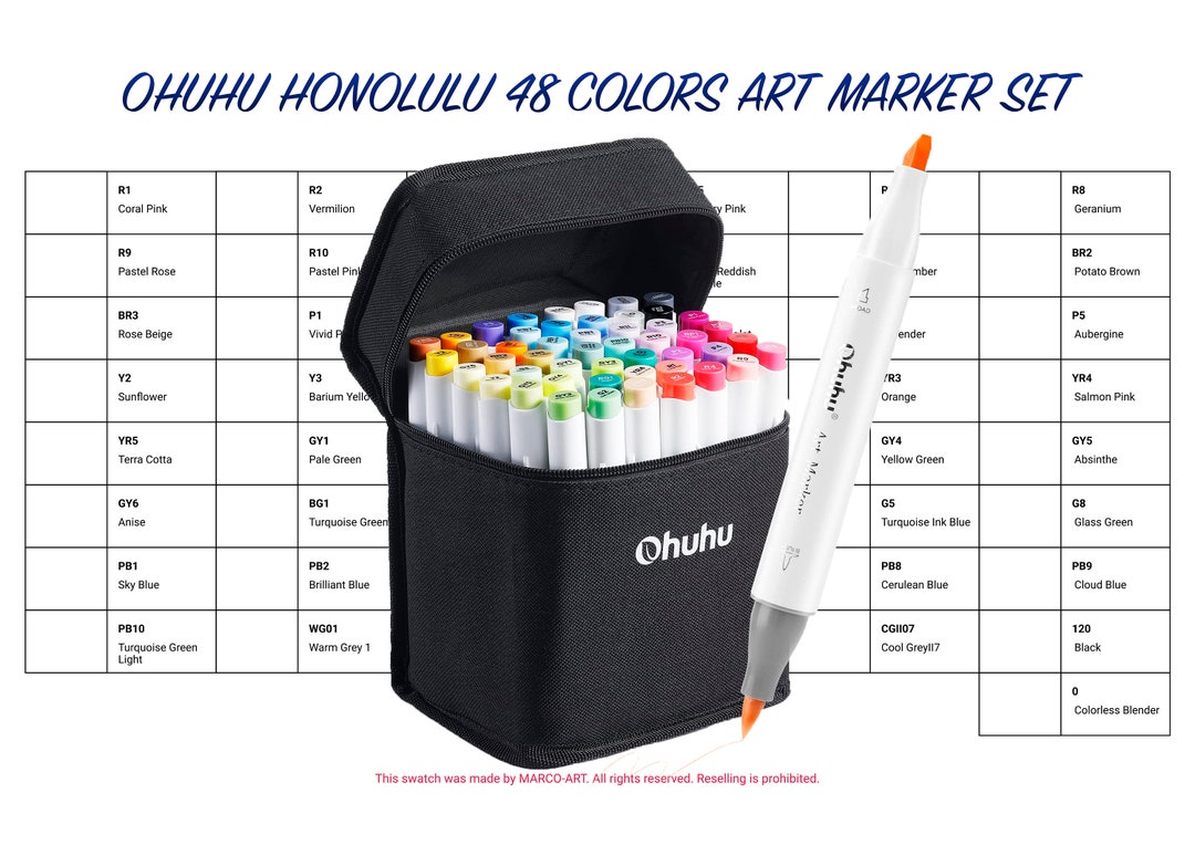 Ohuhu Honolulu 48 Colors Art Marker Set Swatch Template | DIY Single Page Color Swatch ...