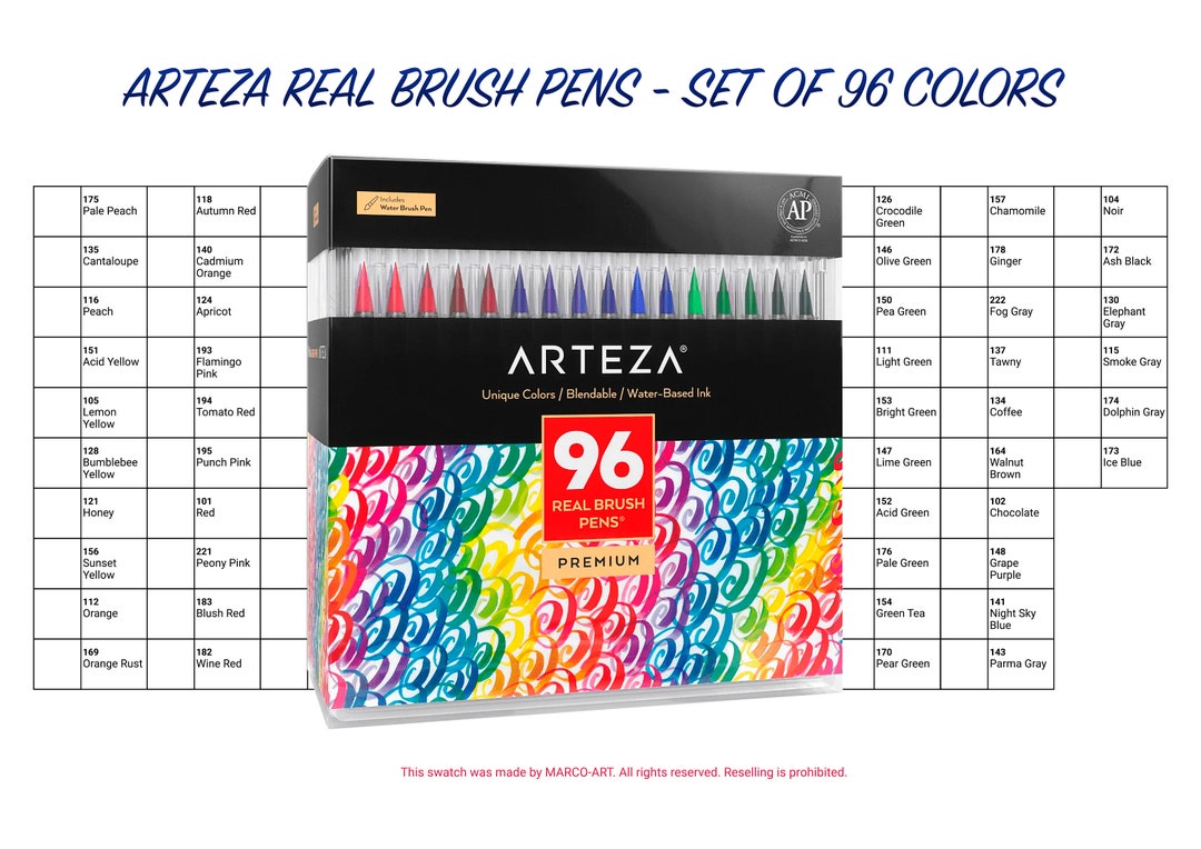 Arteza Real Brush Pens - Set of 96 Colors Swatch Template | DIY Single ...
