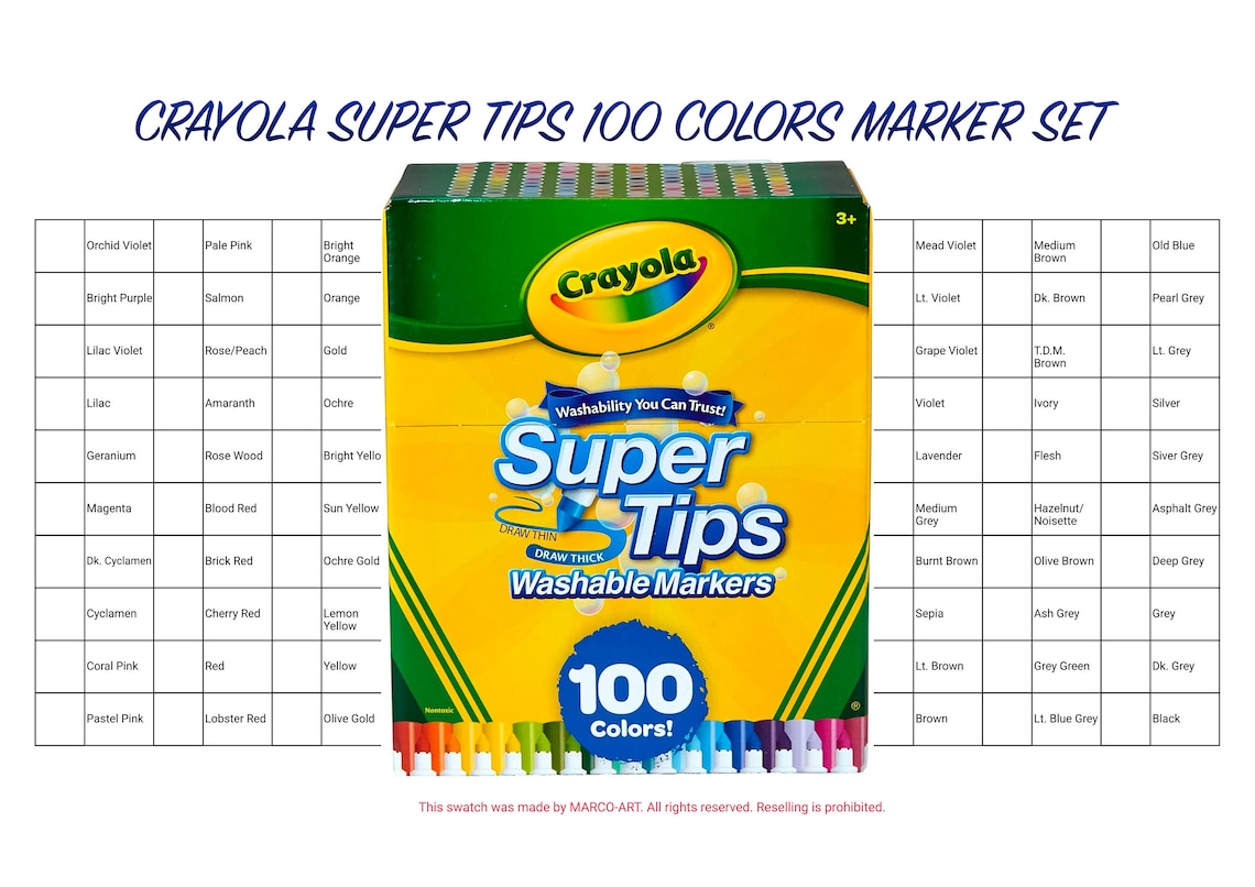 Crayola Super Tips 100 Colors Marker Set Swatch Template DIY Single ...