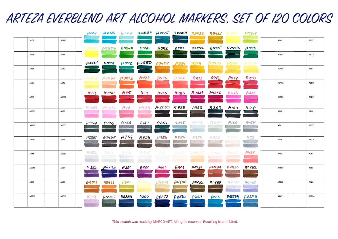 Arteza Everblend Art Markers 120 Colors Swatch Template | DIY Single ...