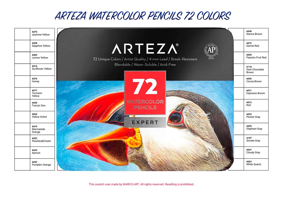 Arteza Watercolor Pencils 72 Colors Swatch Template DIY Single Page ...