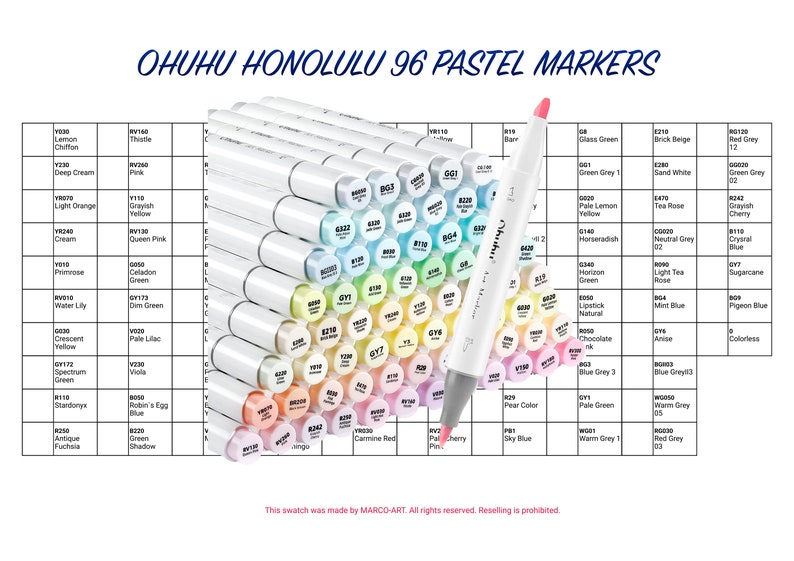 Ohuhu Honolulu 96 Colors Pastel Markers Swatch Template | DIY Single ...