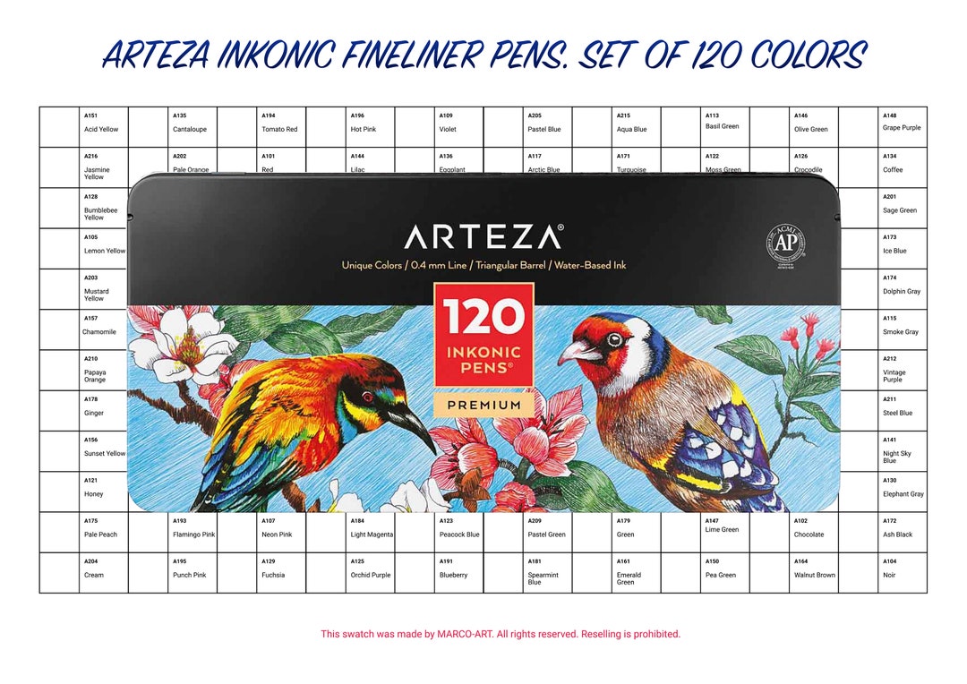 Arteza Inkonic Fineliner Pens 120 Colors Swatch Template | DIY Single ...