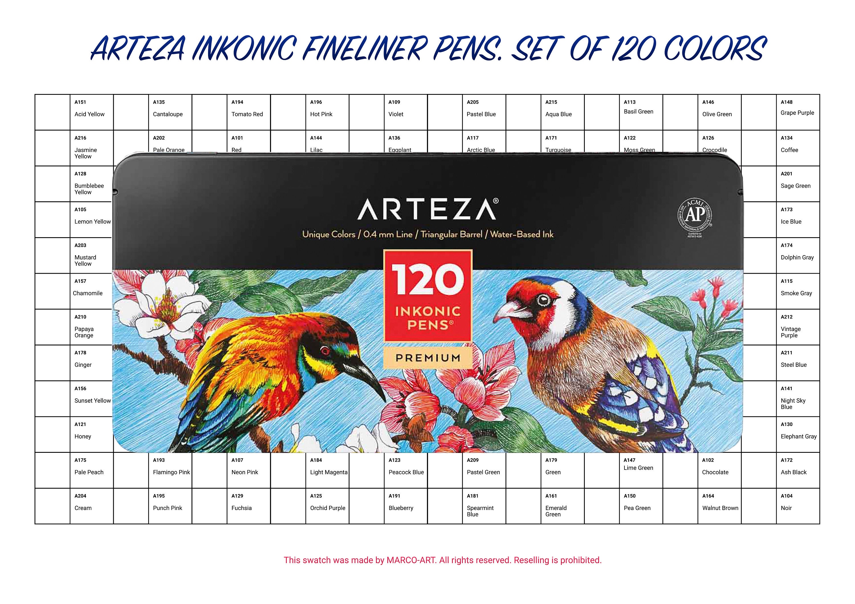 Arteza Inkonic Fineliner Pens 120 Colors Swatch Template | DIY Single ...