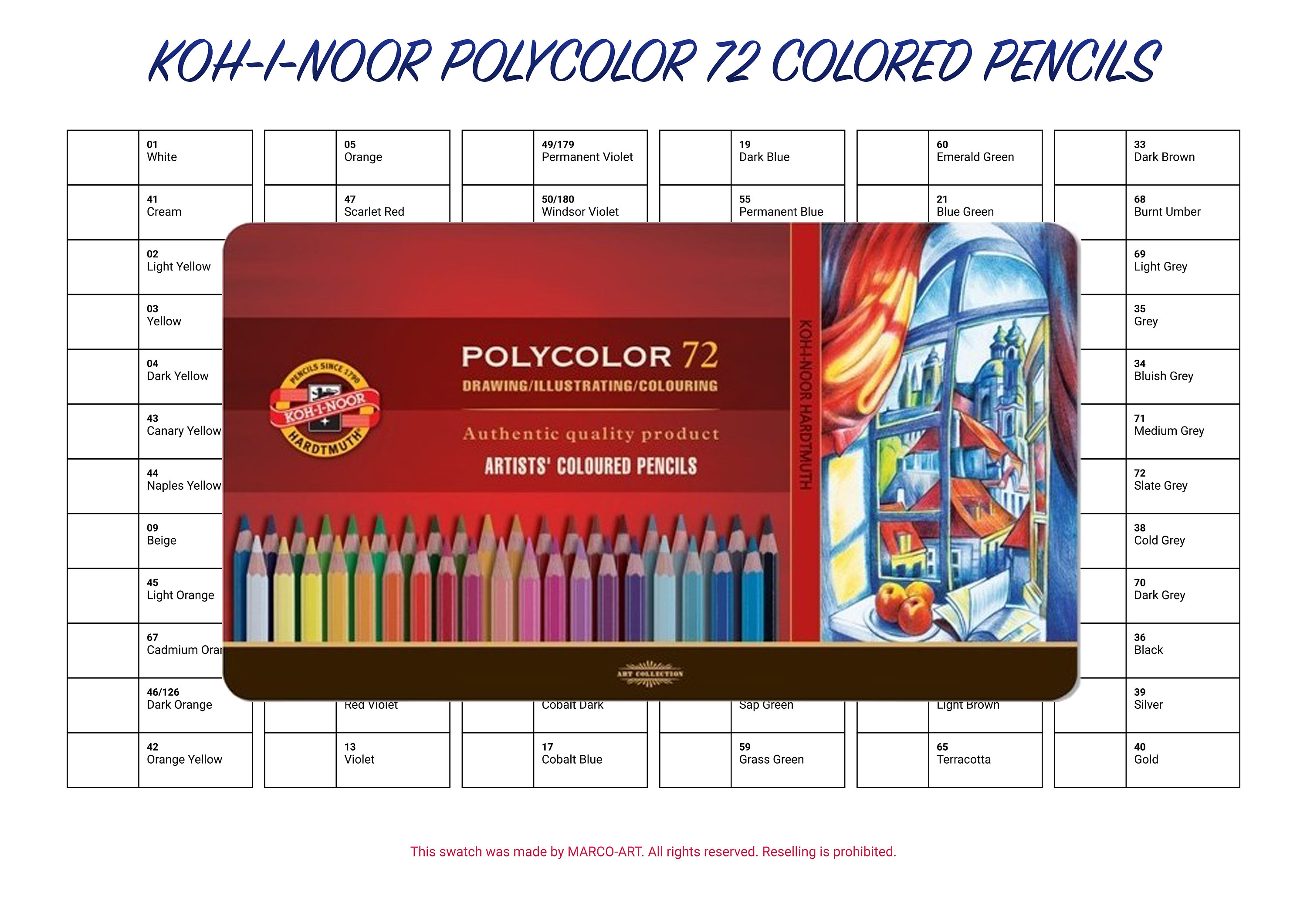 Koh-i-noor Polycolor 72 Colored Pencils Swatch Template DIY Single Page ...