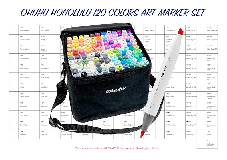 Digital PDF Ohuhu Honolulu 120 Colors Art Marker Set Swatch Template ...