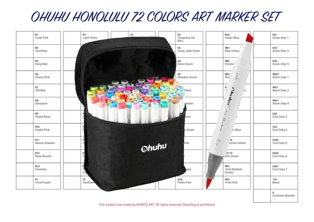 Ohuhu Honolulu 72 Colors Art Marker Set Swatch Template | DIY Single ...