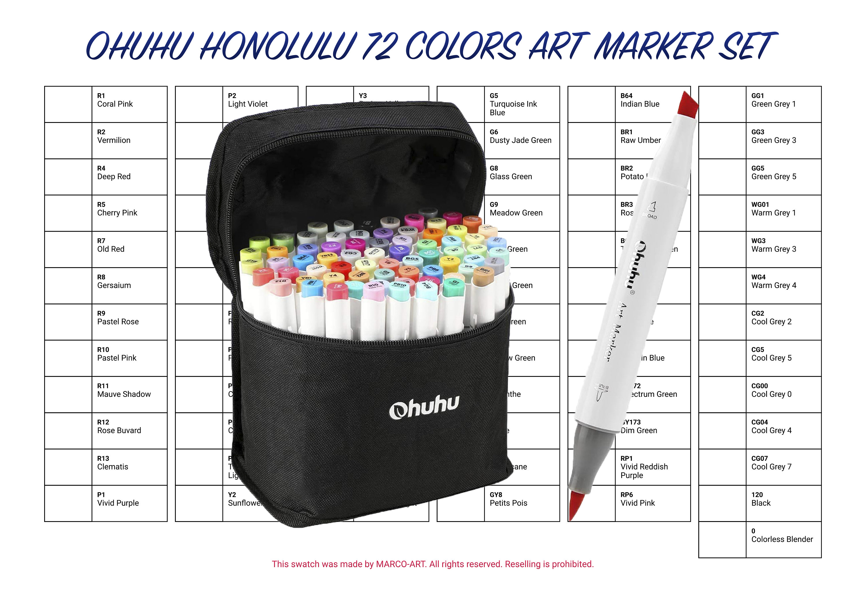 Ohuhu Honolulu 72 Colors Art Marker Set Swatch Template | DIY Single ...