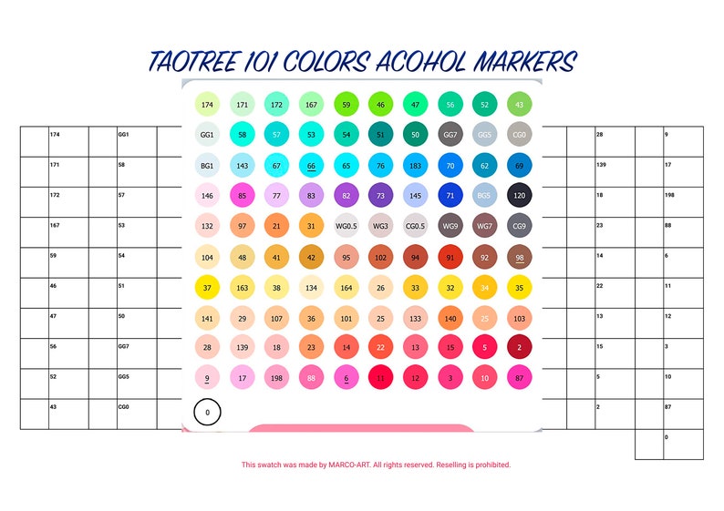 Taotree 101 Colors Alcohol Markers Swatch Template | DIY Single Page ...