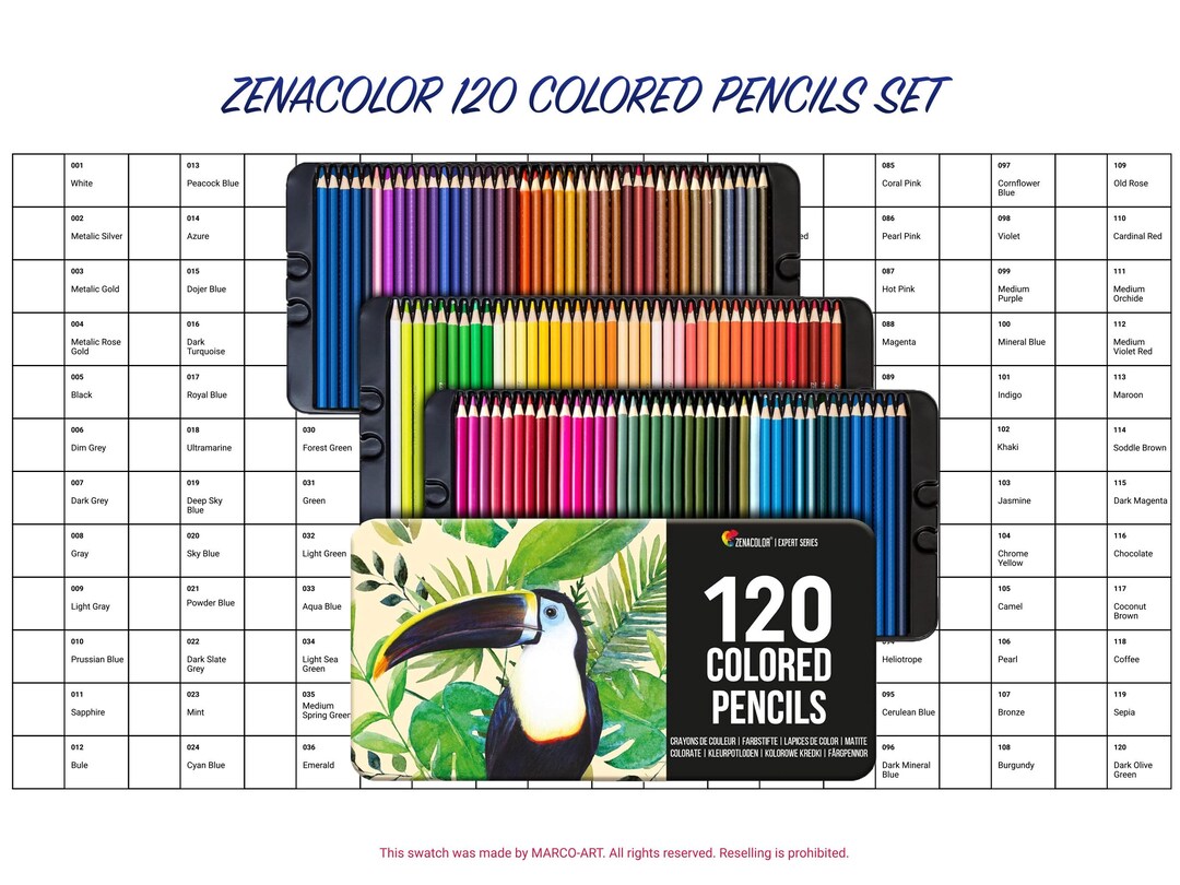 Digital PDF Zenacolor 120 Colored Pencils Set Swatch Template | DIY ...