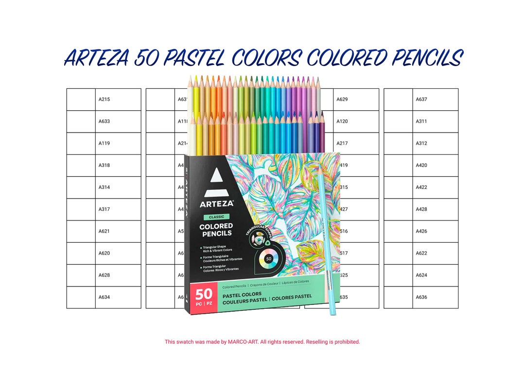 Arteza 50 Pastel Colors Colored Pencils Swatch Template | DIY Single ...
