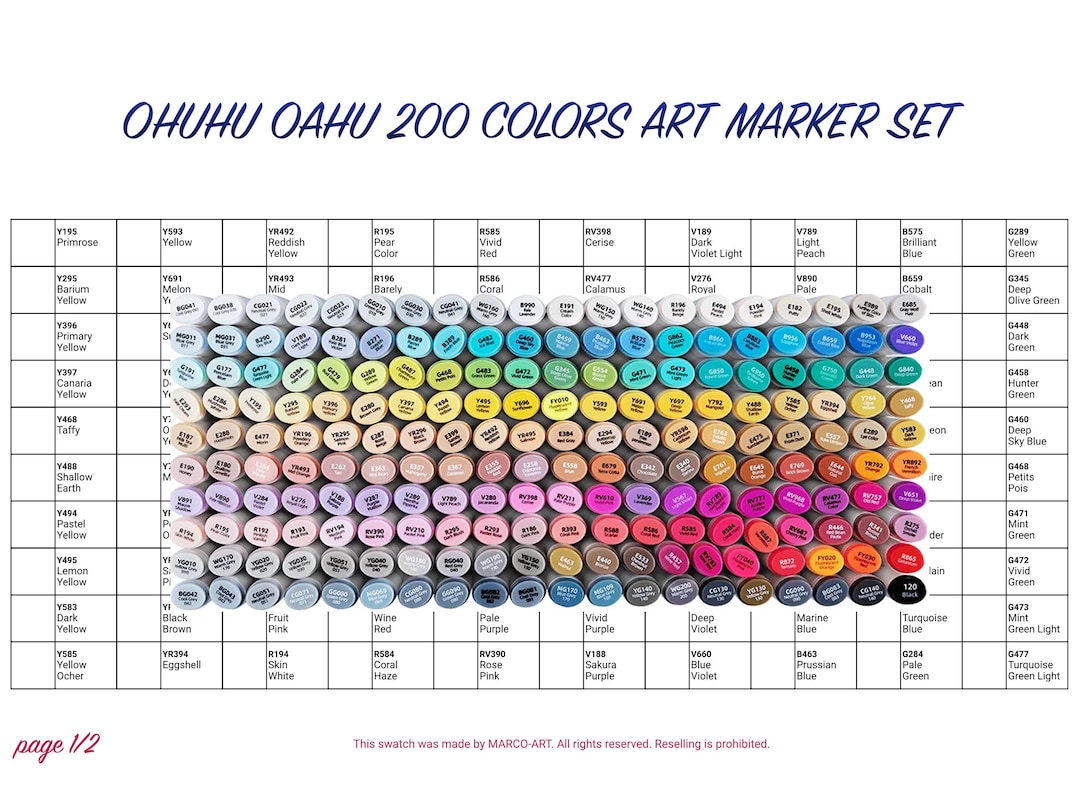 Digital PDF Ohuhu Oahu 200 Colors Art Marker Set Swatch Template | DIY ...