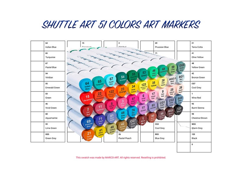 Shuttle Art 51 Colors Art Markers Swatch Template | DIY Single Page ...