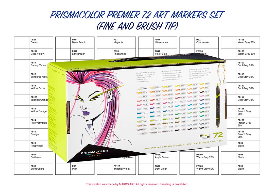 Prismacolor Premier 72 Art Markers Set Fine and Brush Tip Swatch ...