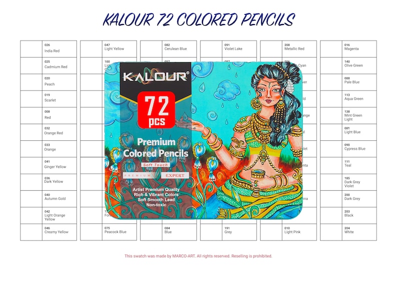 Kalour 72 Colored Pencils Swatch Template | DIY Single Page Color ...