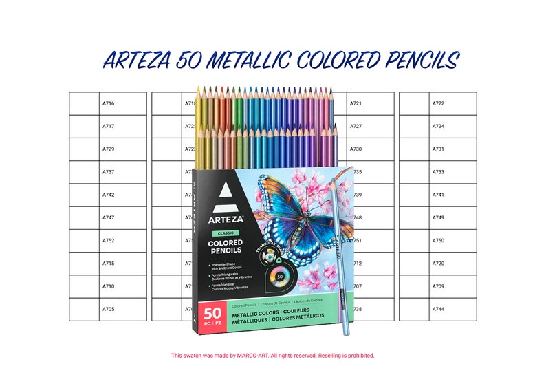 Arteza 50 Metallic Colored Pencils Swatch Template | DIY Single Page ...