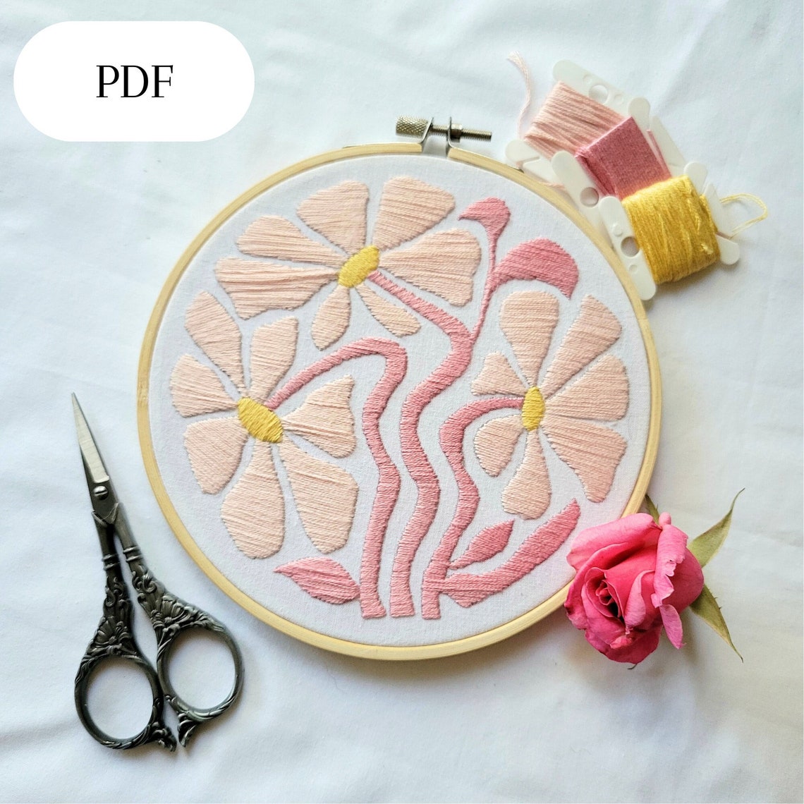 Pink Retro Flower Embroidery Pattern PDF - Etsy