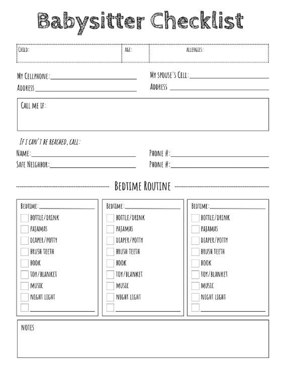 Babysitting Planner - Digital Download - Etsy