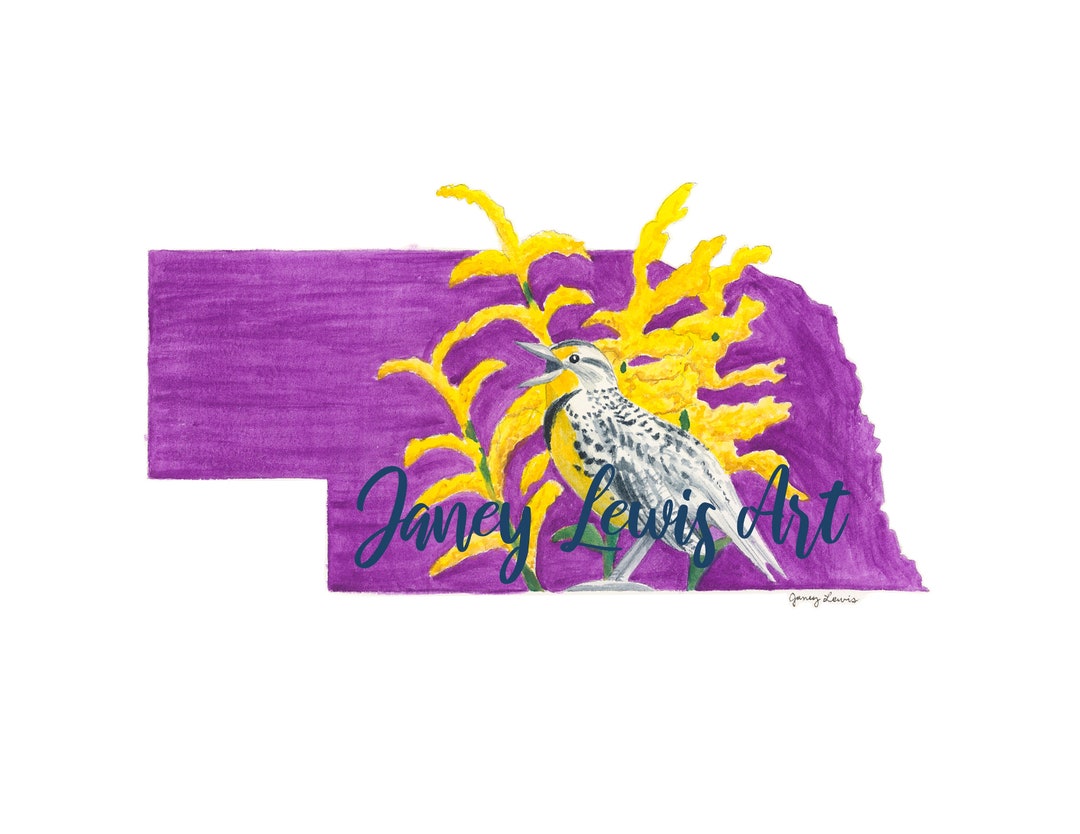Nebraska State Bird & Flower Watercolor Print, Western Meadowlark ...