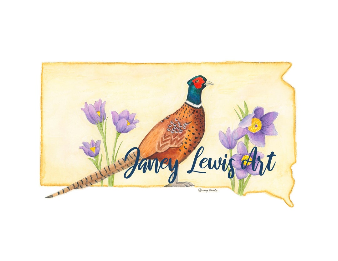 South Dakota State Bird & Flower Watercolor Art Print, Ring-necked ...