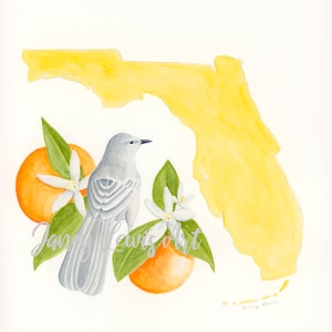 Florida State Bird and State Flower Watercolor Print-florida State Map ...