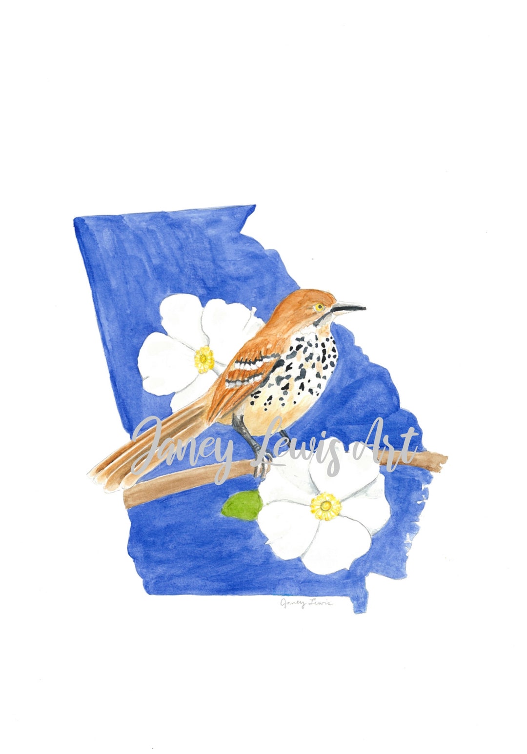 Georgia State Bird and Flower Watercolor Print, Brown Thrasher and Rose ...