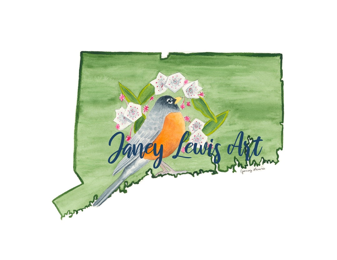 Connecticut State Bird & Flower Watercolor Print, American Robin ...