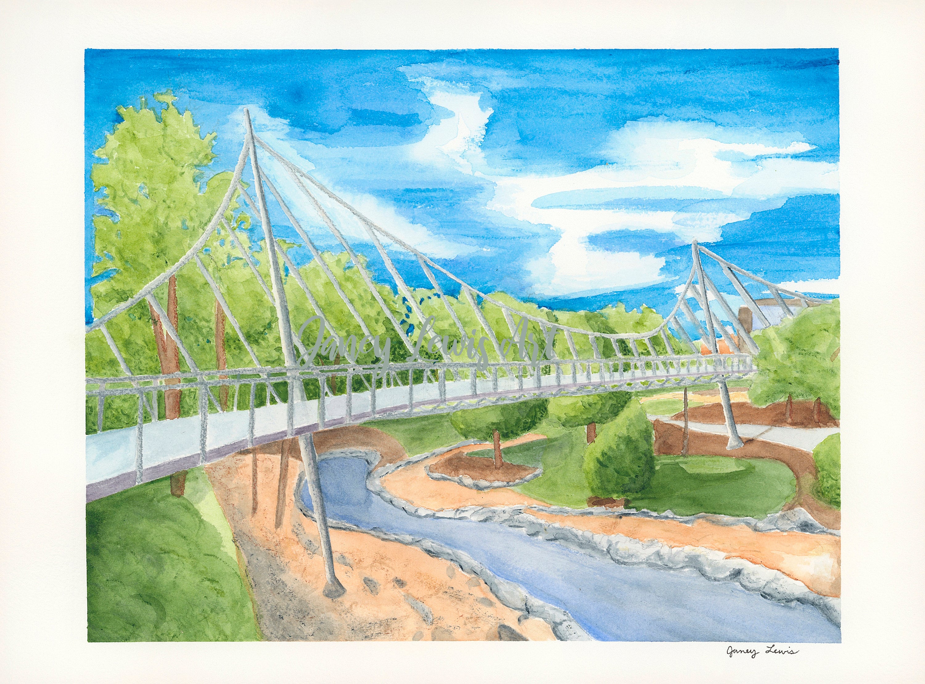 Greenville Bridge Watercolor Print/ Liberty Bridge Greenville SC ...