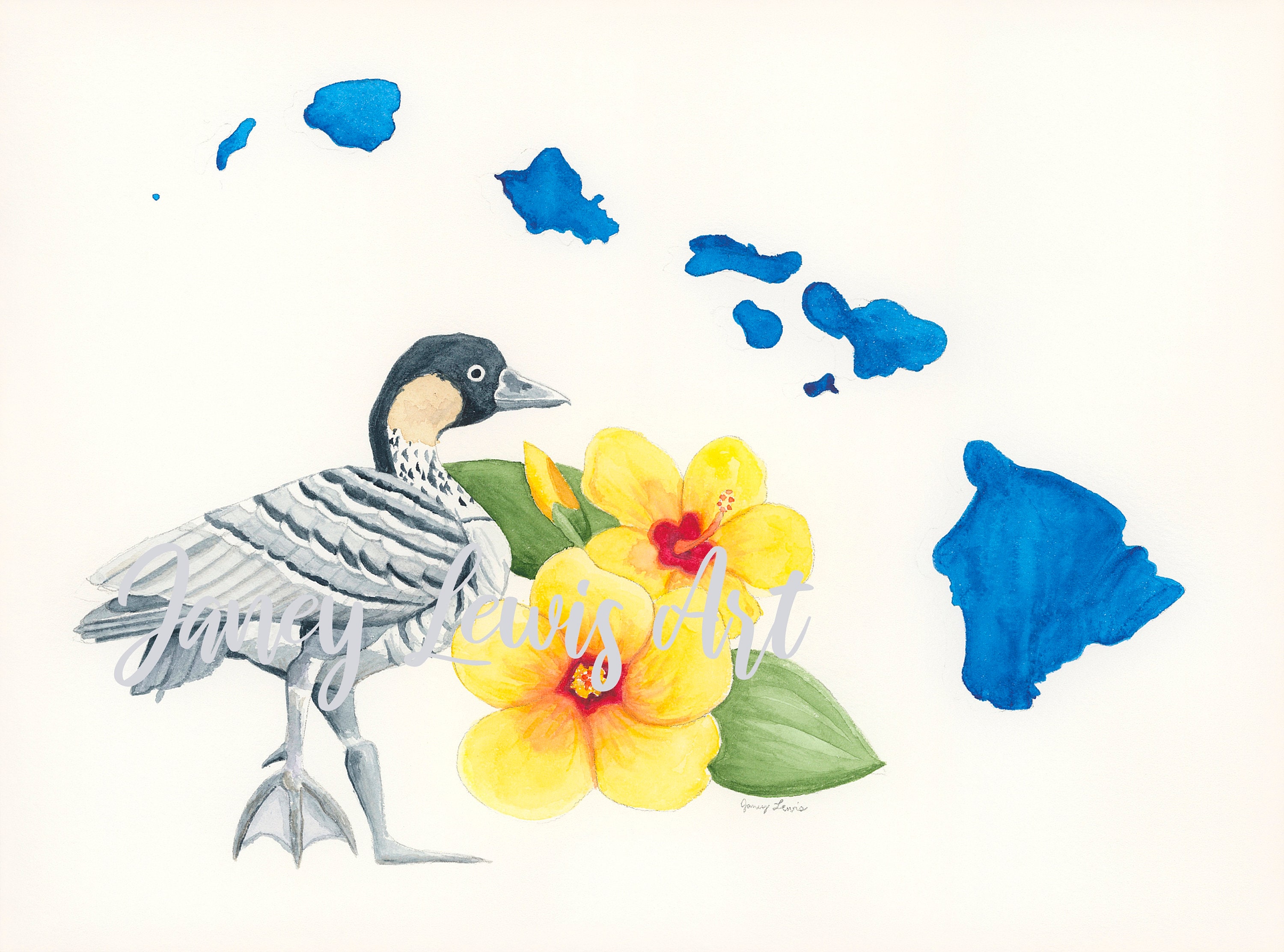 Hawaii State Bird and Flower Watercolor Print/ Nene Bird and Yellow ...