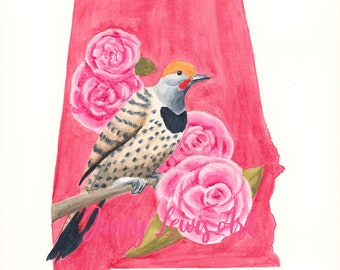 Wisconsin State Bird & Flower Watercolor Print, American Robin and Wood ...