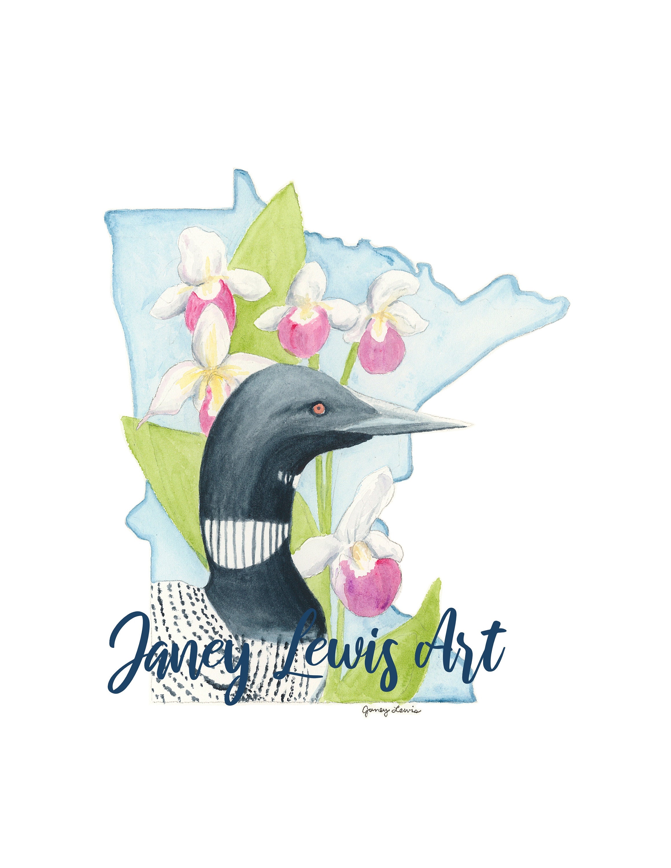 Minnesota State Bird & Flower Watercolor Print, Common Loon and Pink ...