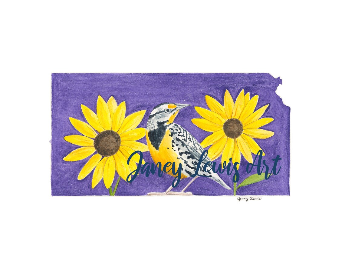 Kansas State Bird & Flower Watercolor Print, Western Meadowlark, Wild ...