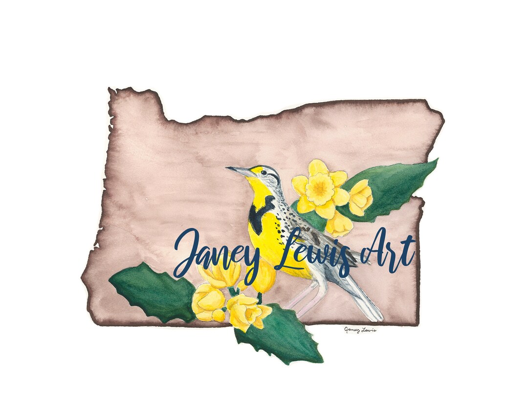 Oregon State Bird & Flower Watercolor Print, Western Meadowlark, Oregon ...