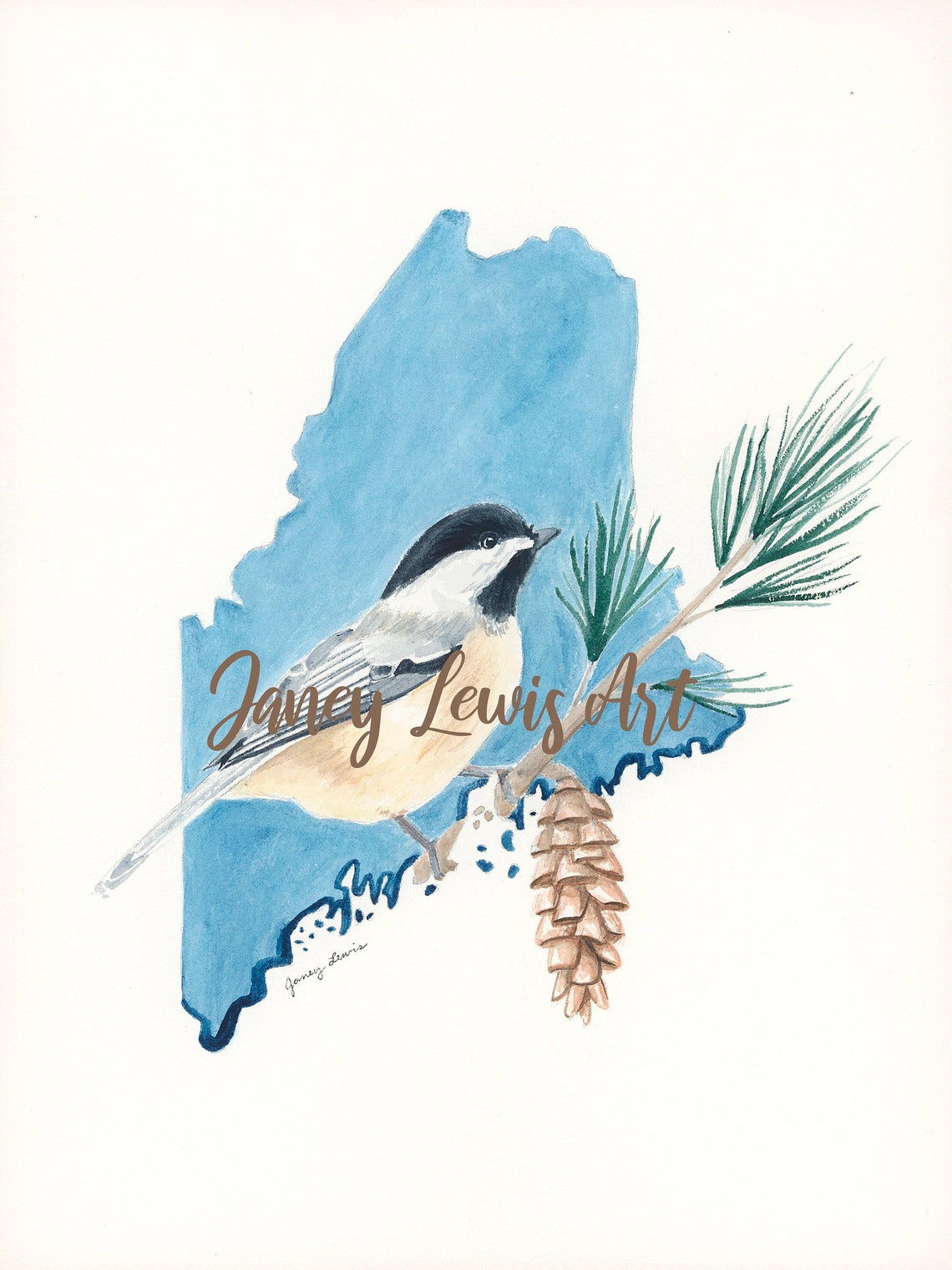 Maine State Bird and Flower Watercolor Print, Chickadee and White Pine ...