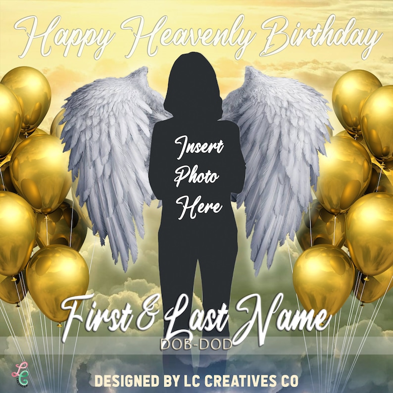 Happy Heavenly Birthday Angel Wings Yellow Gold Template - Etsy