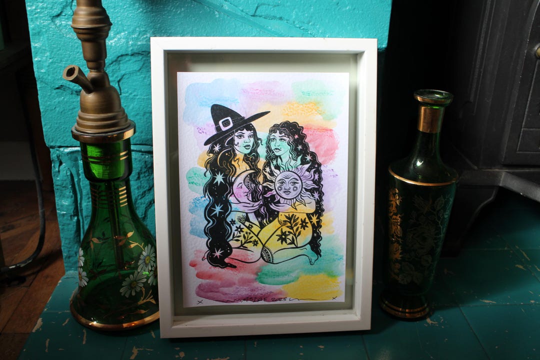 Witches Sun and Moon Watercolor Art – Pagan Mixed Media Print A4 - Etsy