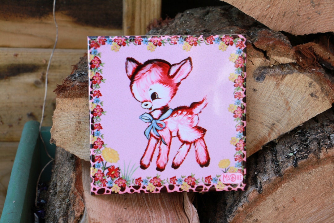 Pink Fawn Kawaii Retro Kitsch Ceramic Tile 6'' X 6'' Trivet Coaster by ...
