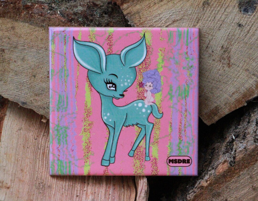 Kitsch Blue Deer Rainbow Rave Decorative Ceramic Tile Small 10.5 Cms ...