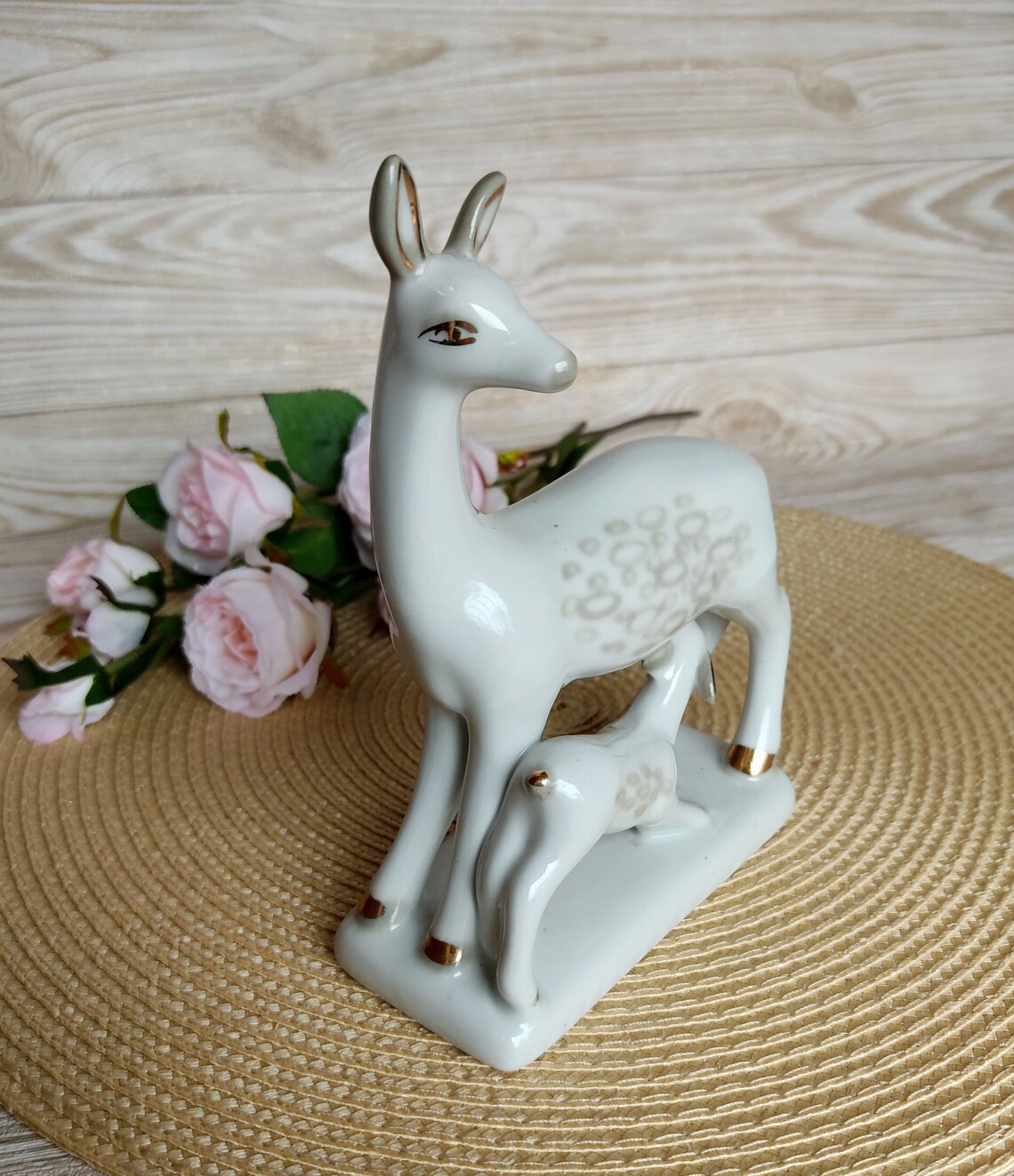 Porcelain Figurine Deer With a Deer Vintage Statuette Collectible ...
