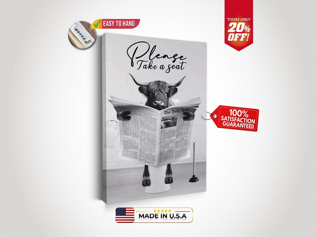 Funny Cow Bathroom Canvas Wall Art, Cute Bull Sitting on Toilet Picture ...