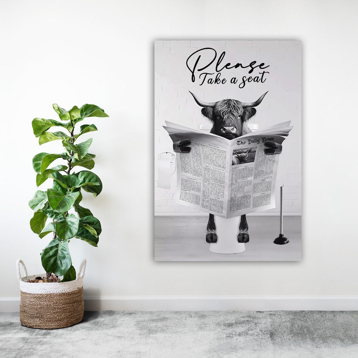 Funny Cow Bathroom Canvas Wall Art, Cute Bull Sitting on Toilet Picture ...