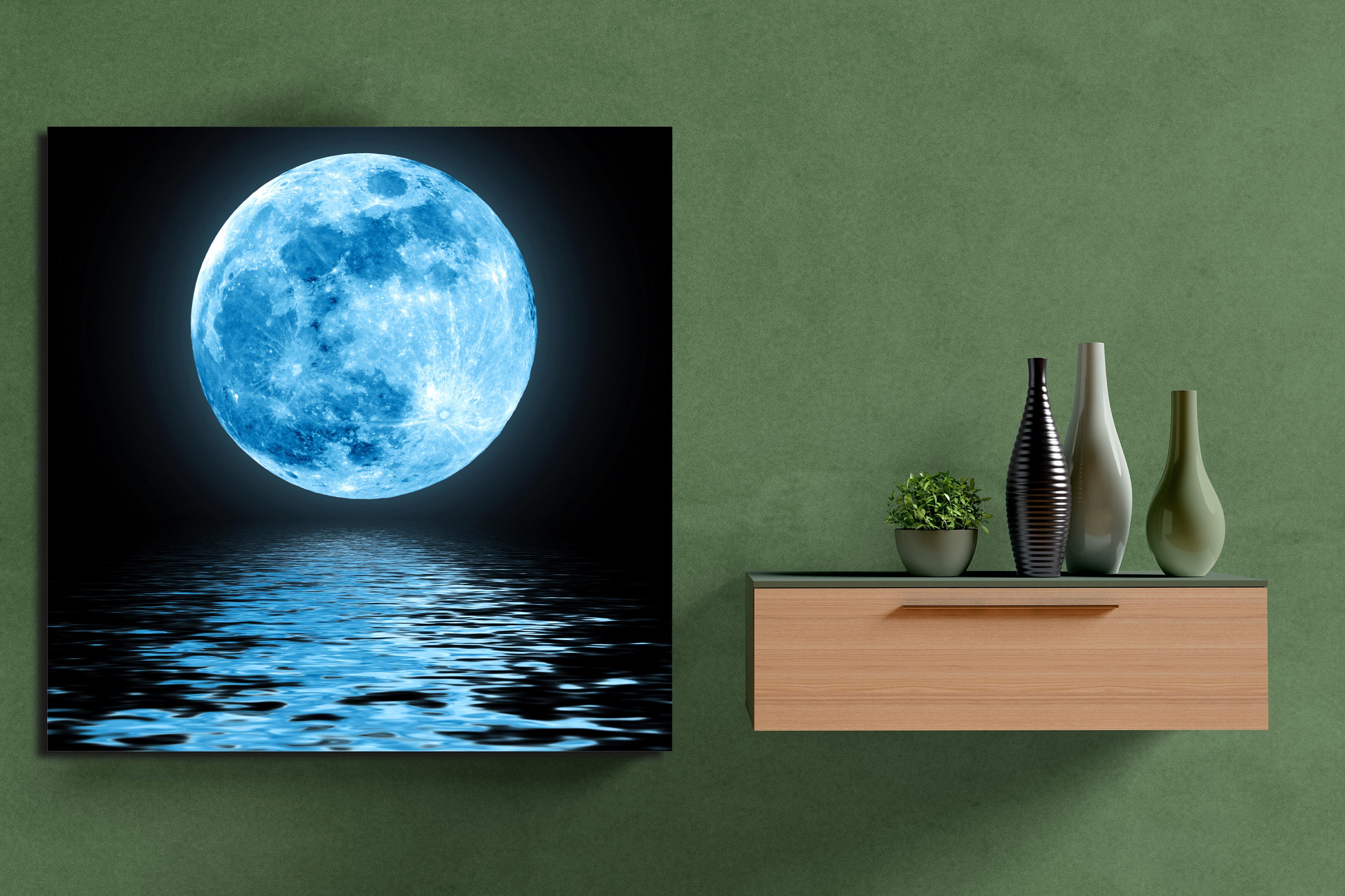 Full Blue Moon Over Water With Reflections Painting on | Etsy