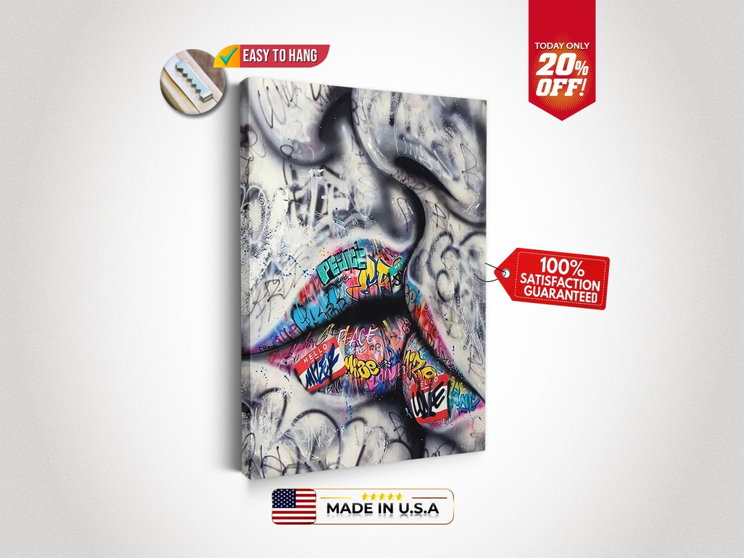 Kiss Graffiti Canvas, Graffiti Art Canvas, Kissing Couple Canvas Art ...