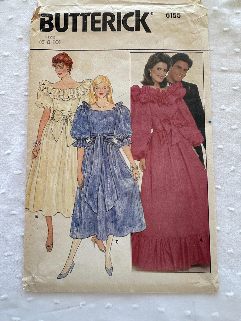 80s Evening Dress Sewing Pattern: Ruffled Neckline, Sash Waist ...