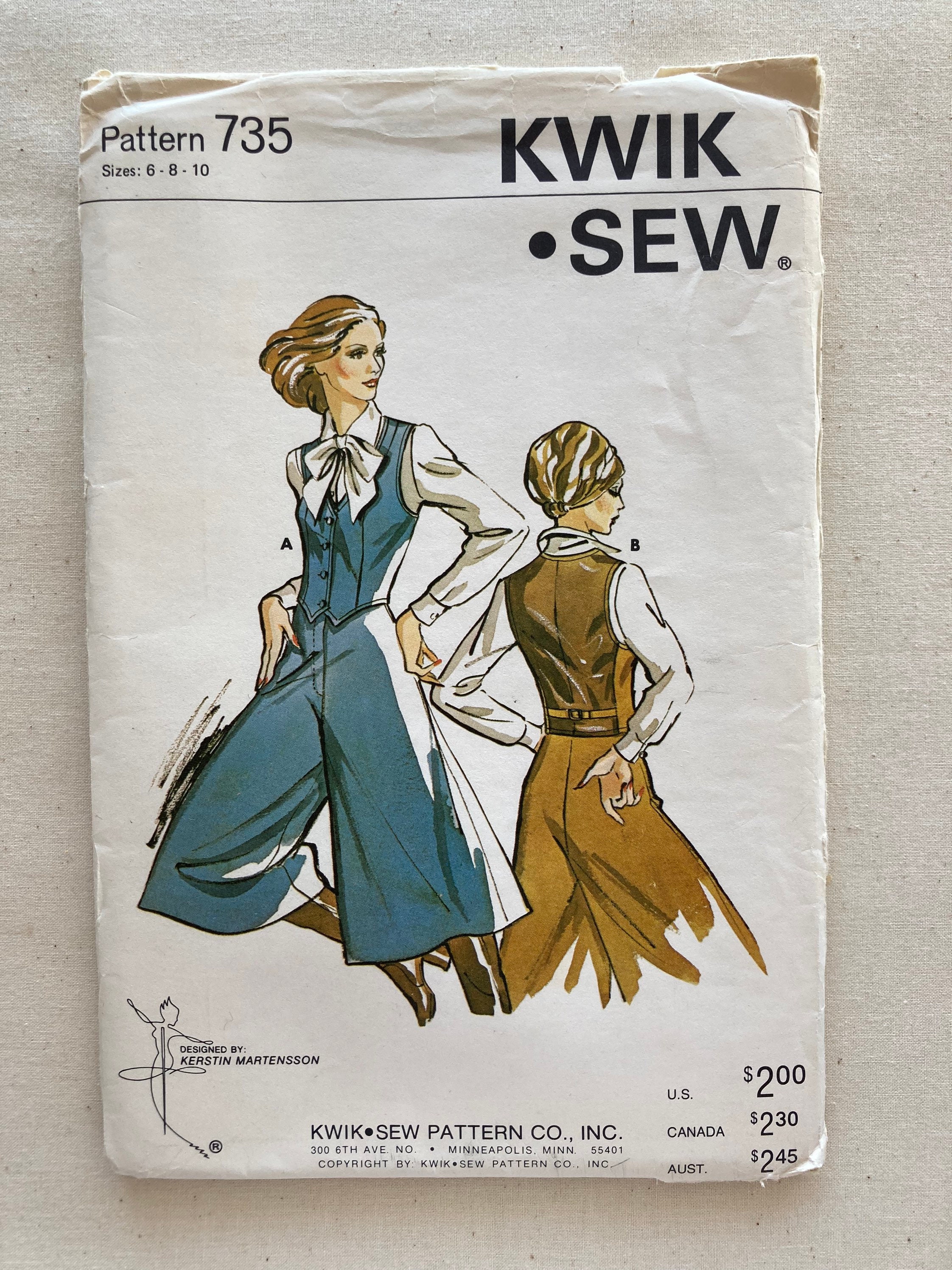 Kwik Sew 735 / Ladies' Vest and Culotte / Size 6 - 8 - 10 / 70s Vintage ...