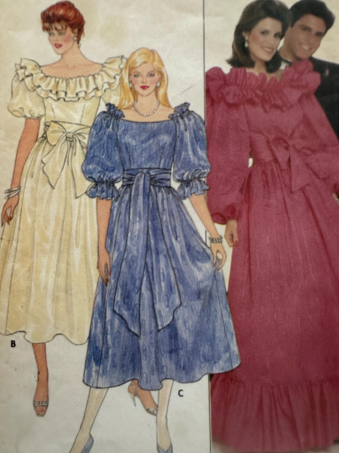 80s Evening Dress Sewing Pattern: Ruffled Neckline, Sash Waist ...
