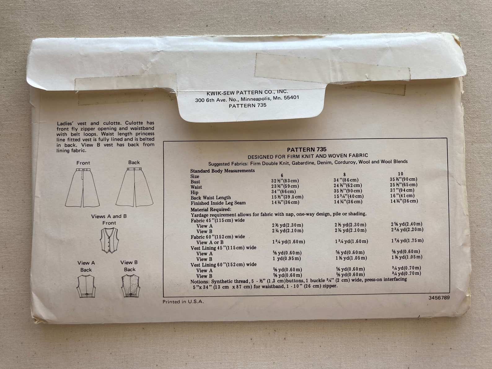 Kwik Sew 735 / Ladies' Vest and Culotte / Size 6 8 10 / 70s Vintage ...